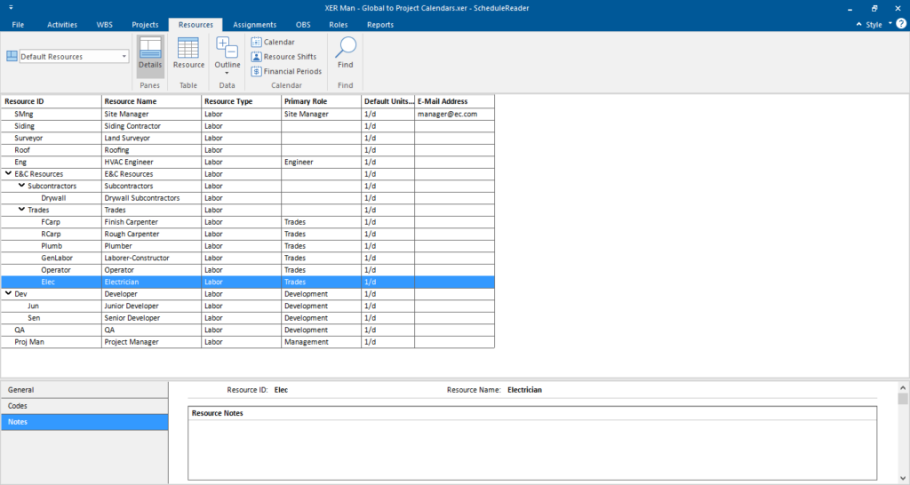 How to view resource structure and detail in ScheduleReader?