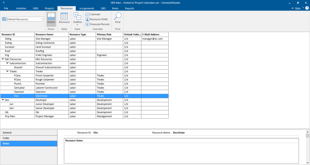 How to view resource structure and detail in ScheduleReader?