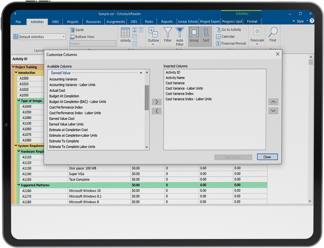 Earned Value Analysis in ScheduleReader